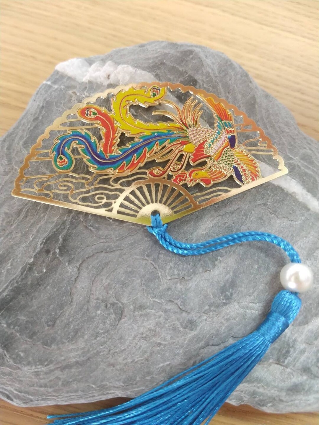 Metal Bookmark Phoenix Bird Fan Shaped With Blue Tassel - Etsy UK