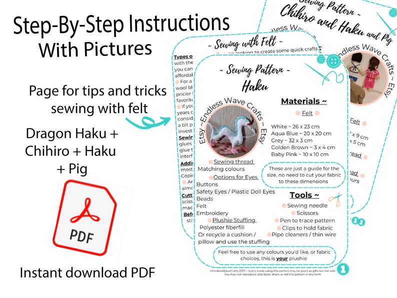 Sewing Pattern ~ Studio Ghibli Spirited Away Chihiro & Haku Bundle 3 in ...