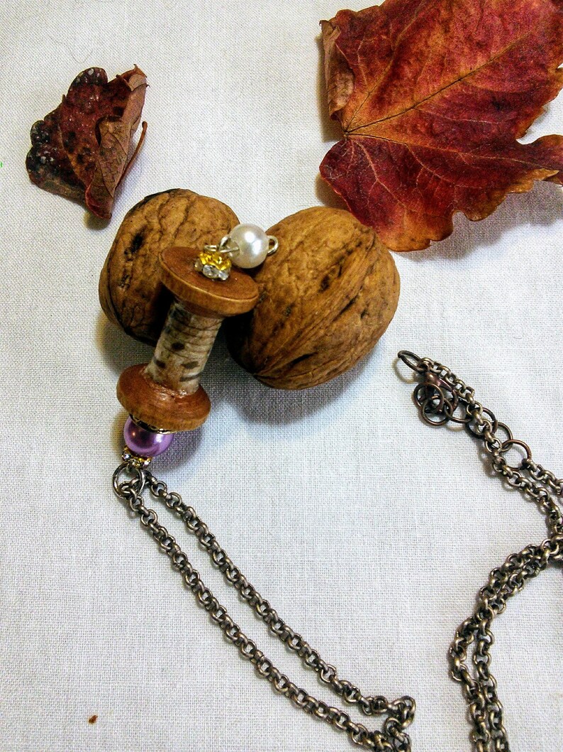Wooden Spool Necklace Musical Decoupage Paper Purple Pearl White Pearl ...
