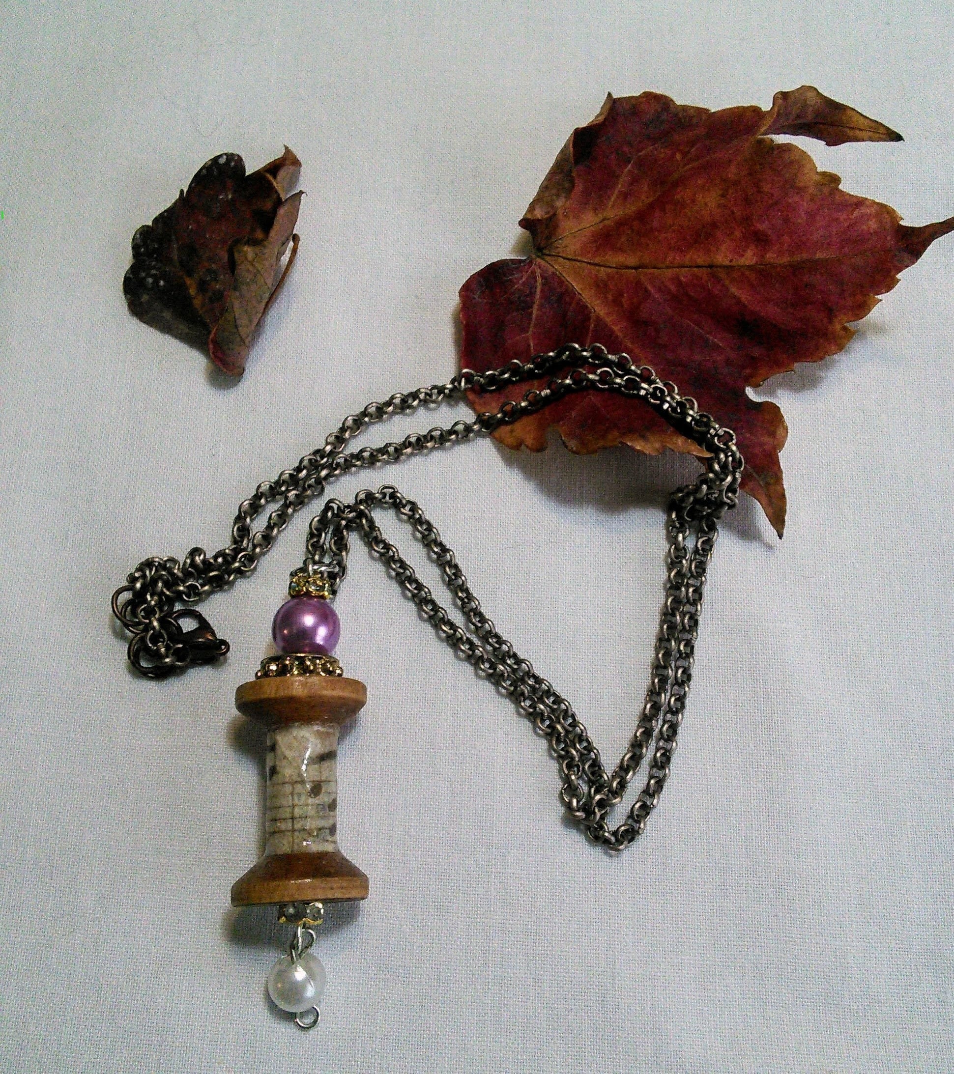 Wooden Spool Necklace Musical Decoupage Paper Purple Pearl White Pearl ...