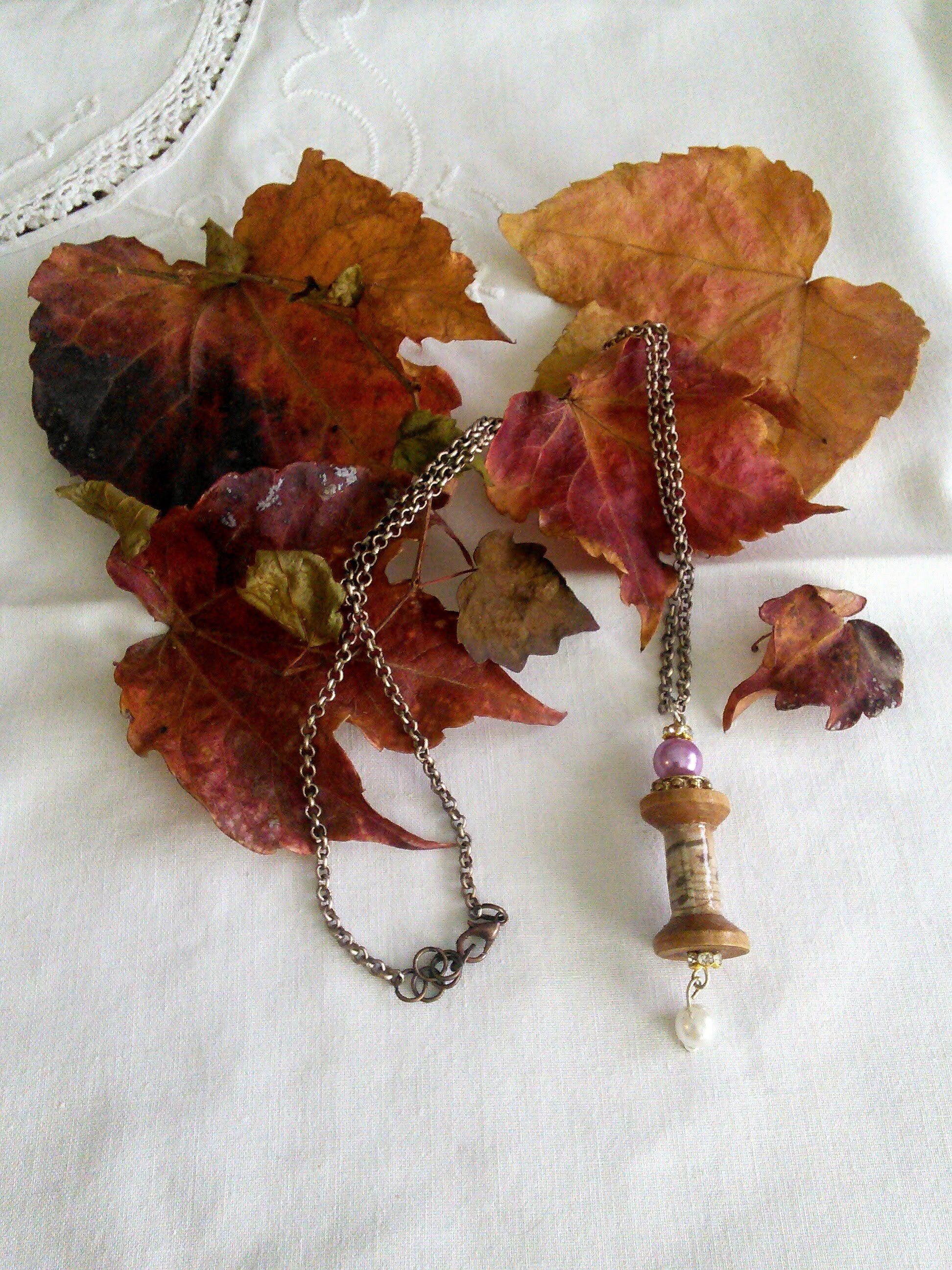 Wooden Spool Necklace Musical Decoupage Paper Purple Pearl White Pearl ...