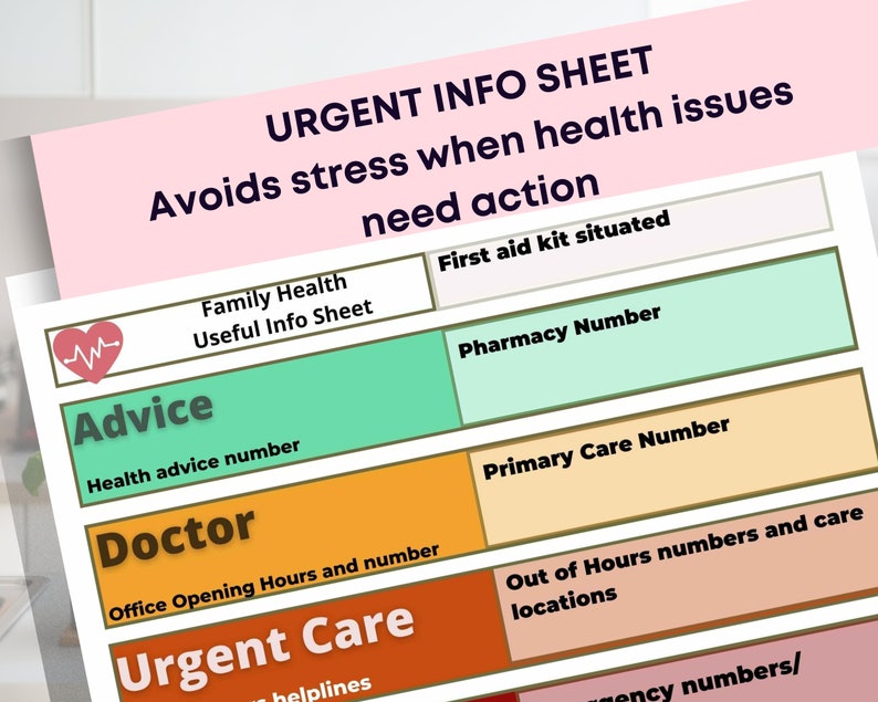 Health Information Sheet for Elderly or Carers.write in Useful | Etsy