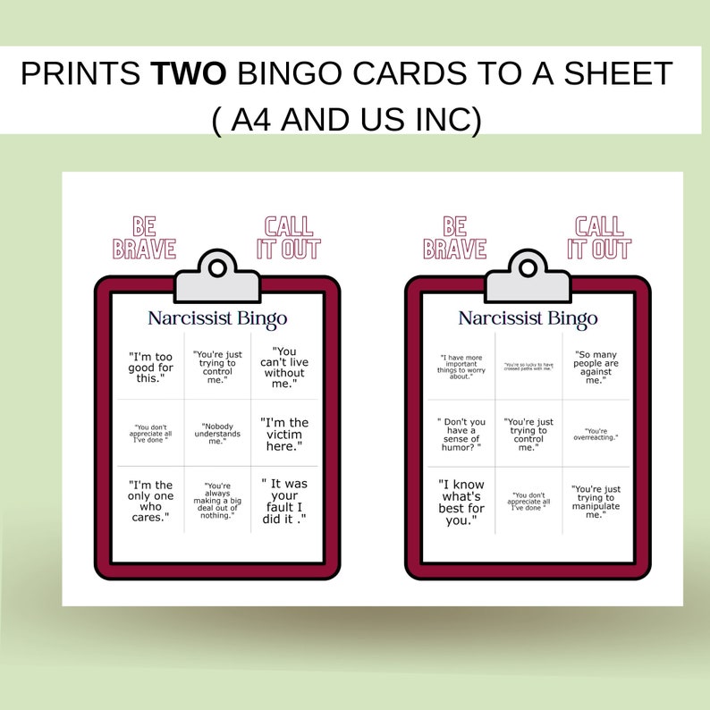 Narcissist Recovery Self Help Bingo Game. Spot Toxic Phrases and Red ...
