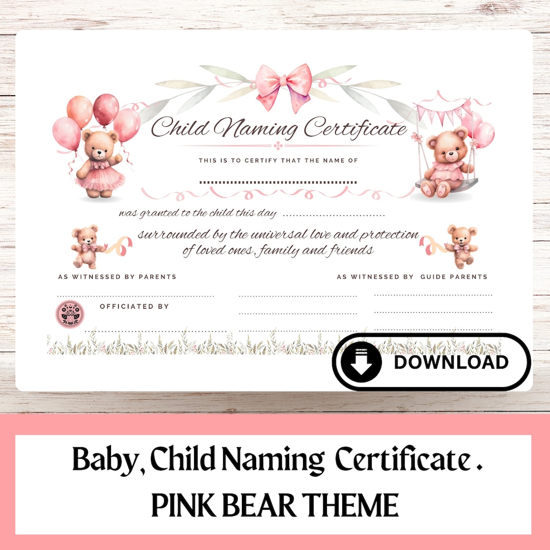 Baby or Child Naming Day Certificate A4 and US Printable Download. PINK ...