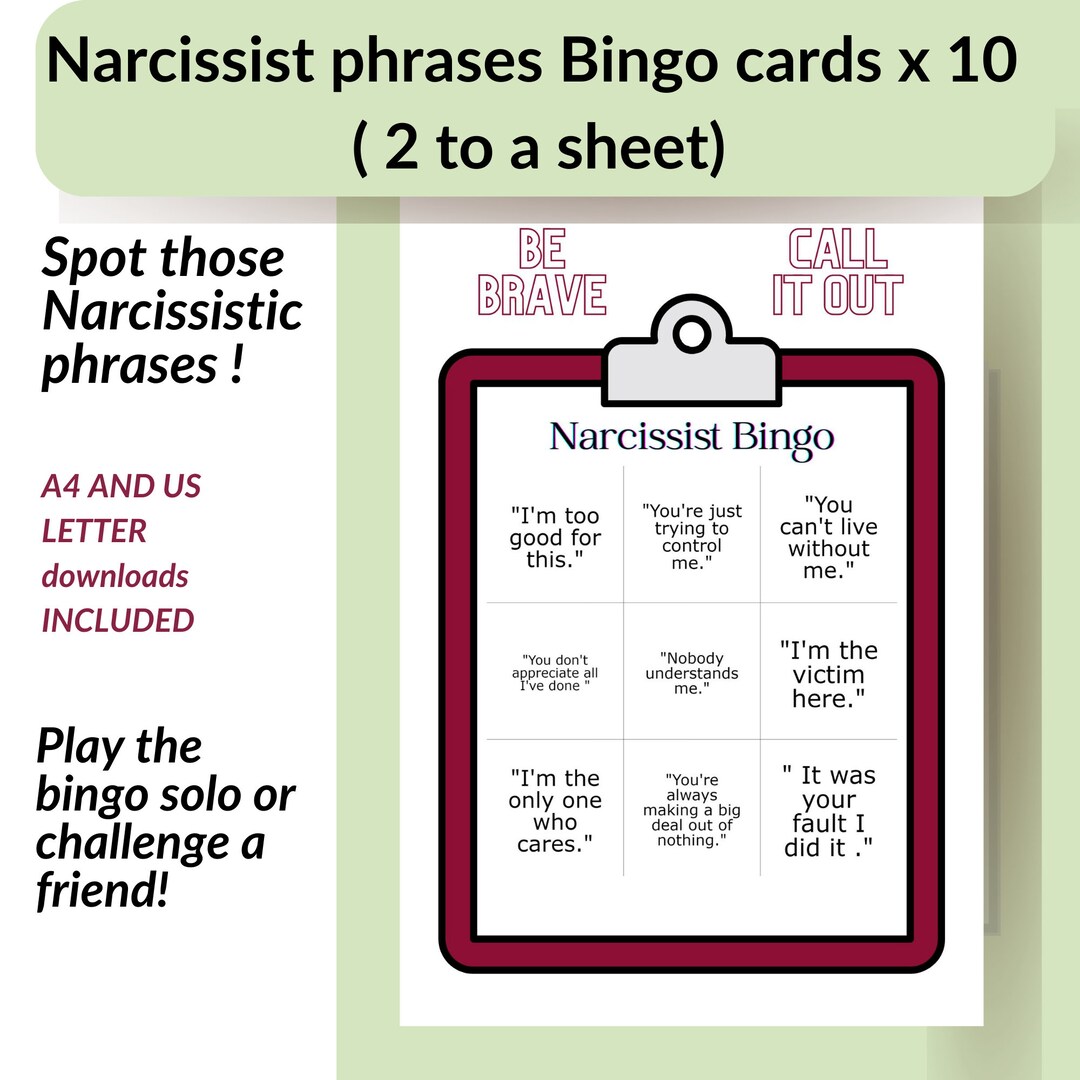Narcissist Recovery Self Help Bingo Game. Spot Toxic Phrases and Red ...