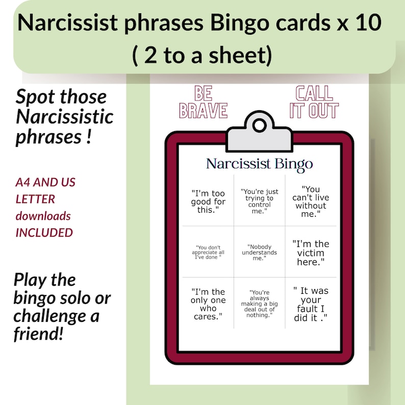 Narcissist Recovery Self Help Bingo Game. Spot Toxic Phrases and Red ...