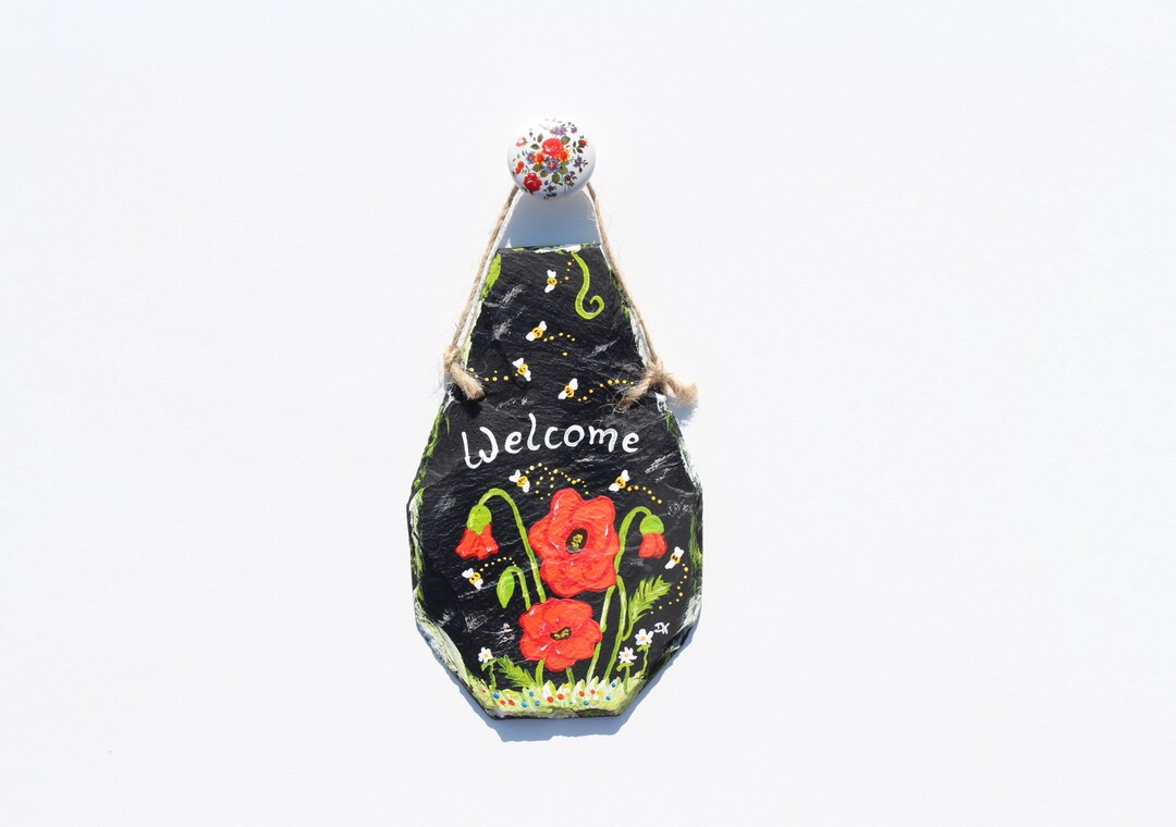Slate Door Sign | Welcome Sign | Poppies | Welcome | Natural Decoration ...