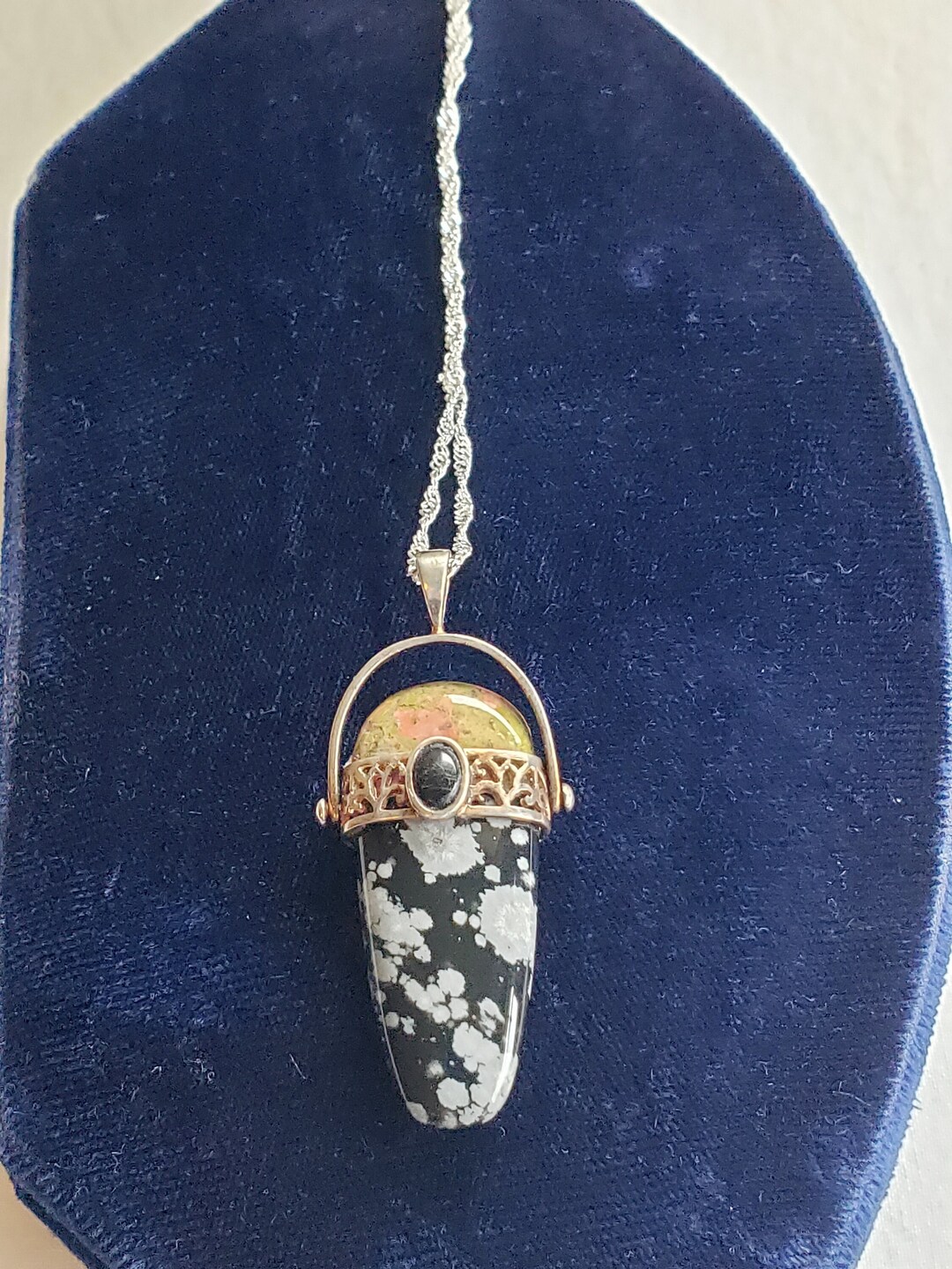 Snowflake Obsidian Pendant With Green Turquoise and Onyx on a 22 ...