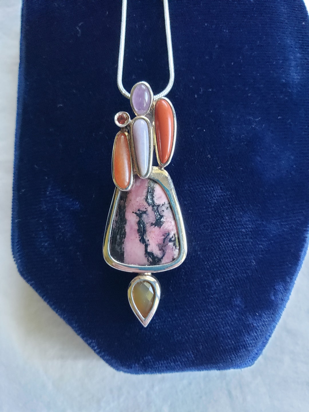Whitney Kelly Pendant in Rhodonite Multi Gems on a 22 Chain Vintage - Etsy