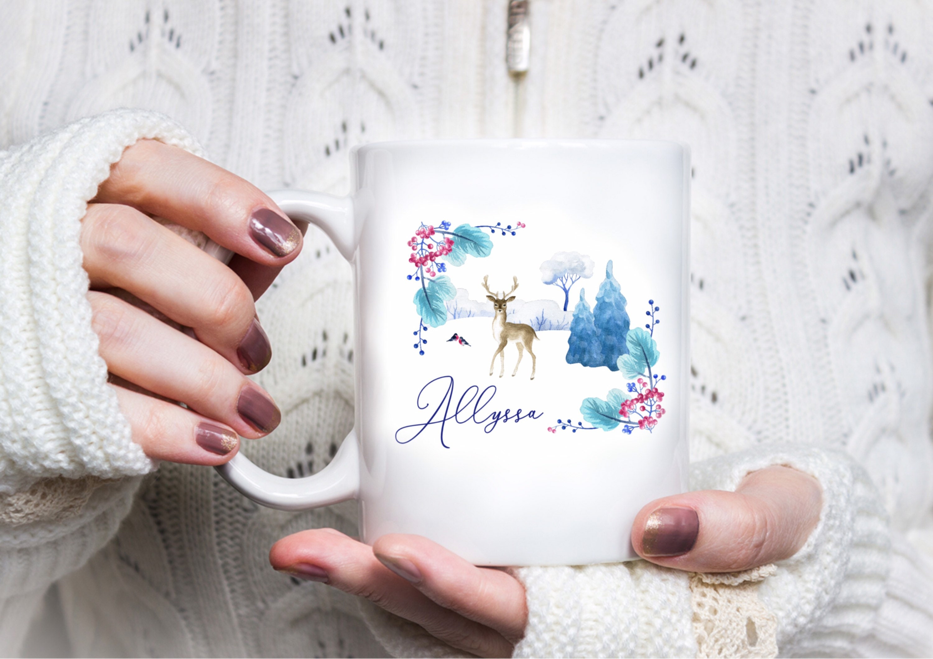 Personalised Winter Xmas Reindeer Mug Double sided with Winter | Etsy