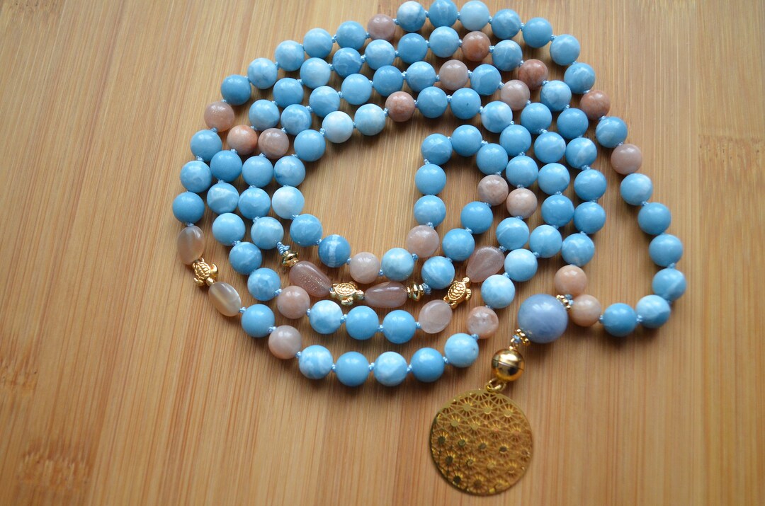 Sea Glow Mala Larimar Aquamarine Sunstone Luxury Mala With Swap Pendant ...