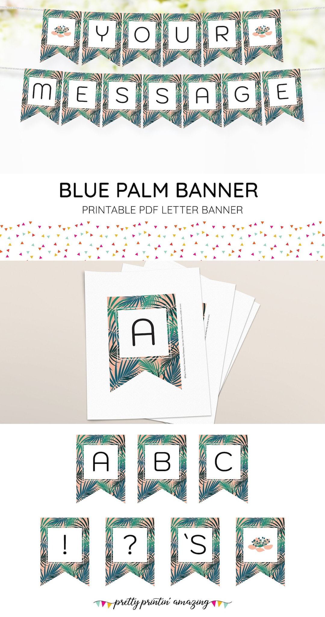 Blue Palm Letter Banner | Printable PDF, Tropical, Baby Shower, Bridal ...