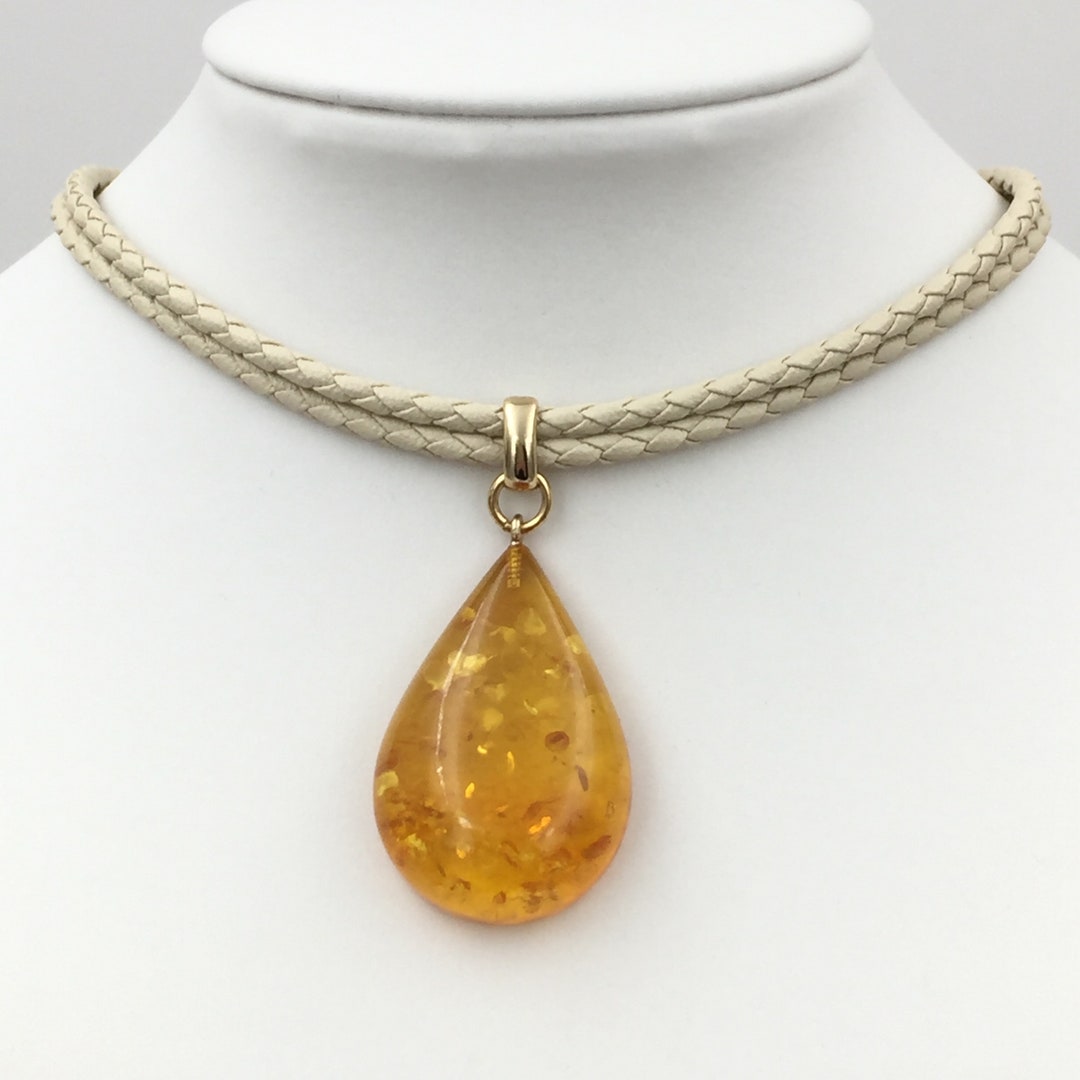 Amber Choker Necklace, Double Row Choker With Amber Pendant, Tight ...