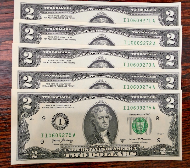Uncirculated 2017 Two Dollar Bills Series A, Lot of (5, 10, 20, 50, or ...