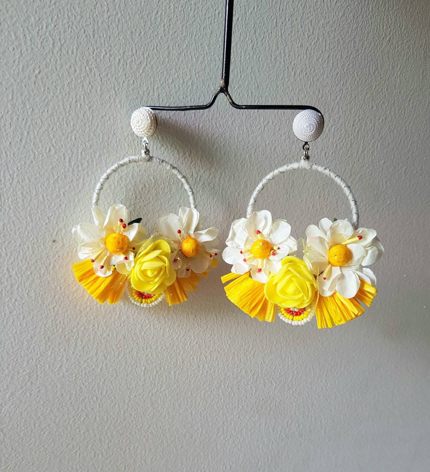 Boho yellow floral statement hoop earringHandmade spring | Etsy