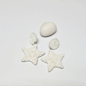 White Beaded Star Summer Earringswhite Seed Beads Star - Etsy