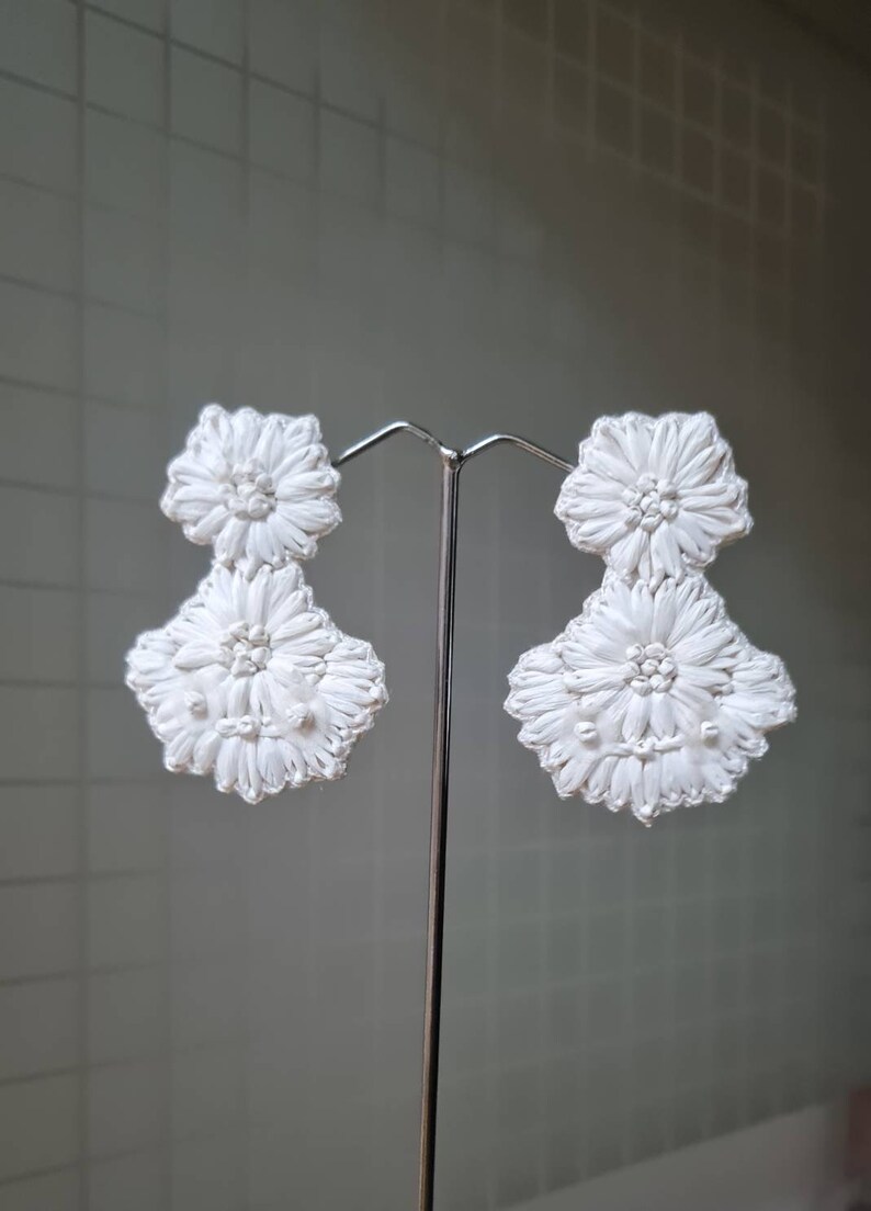 White Raffia Flower Statement Wedding Earrings Handmade - Etsy