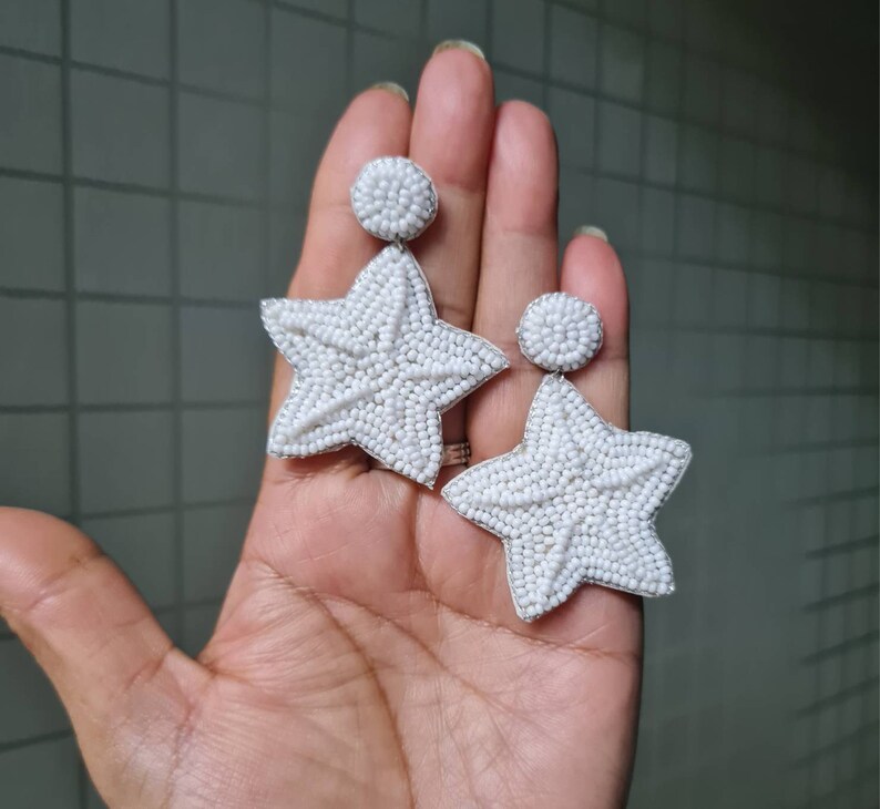 White Beaded Star Summer Earringswhite Seed Beads Star - Etsy