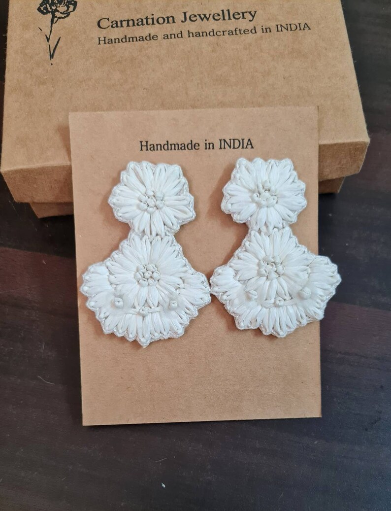 White Raffia Flower Statement Wedding Earrings Handmade - Etsy