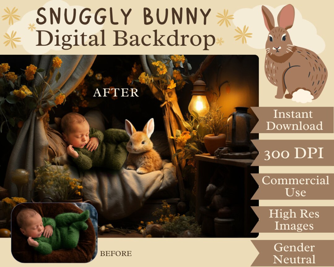 Newborn Baby Digital Backdrop, Cute Bunny Background, Easter Backdrop ...