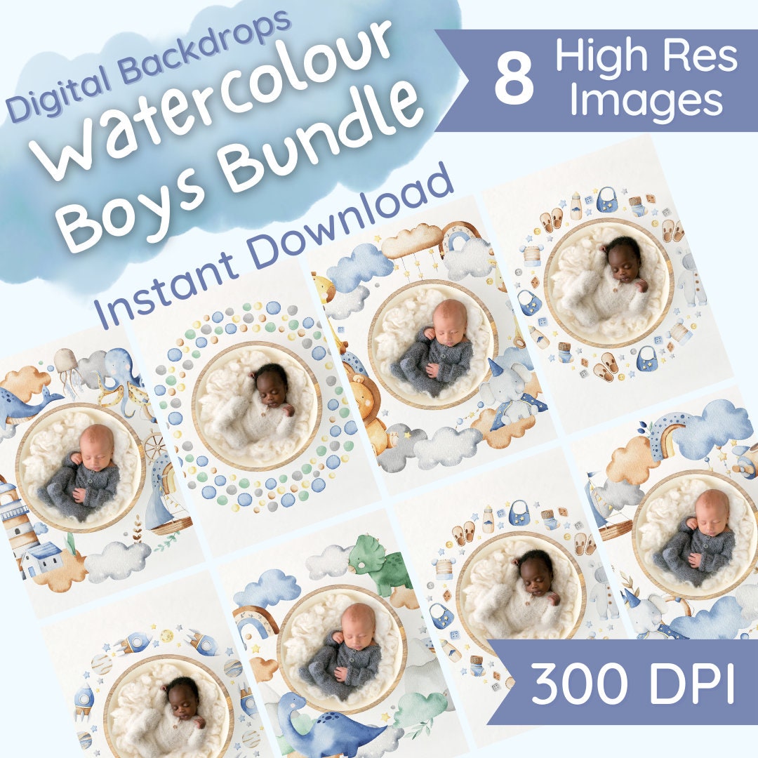 Boys Watercolour Backdrop BUNDLE - 8x Newborn Baby Boy Digital ...