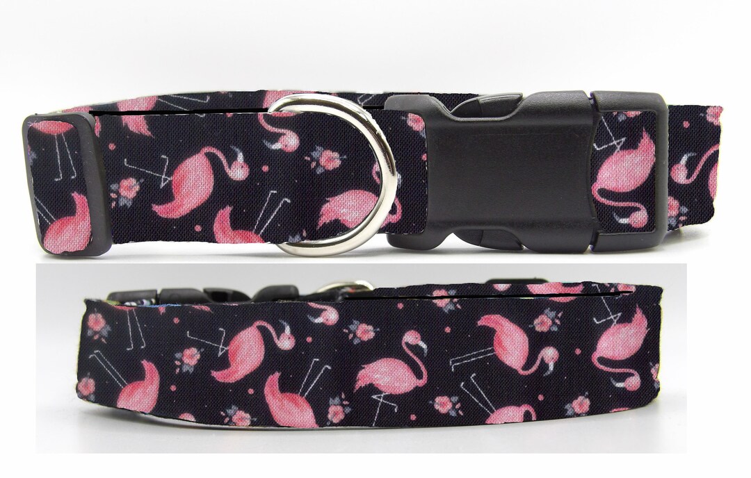 Flamingo Dog Collar, With Dog Bow Tie, Pink Flamingos on Black ...