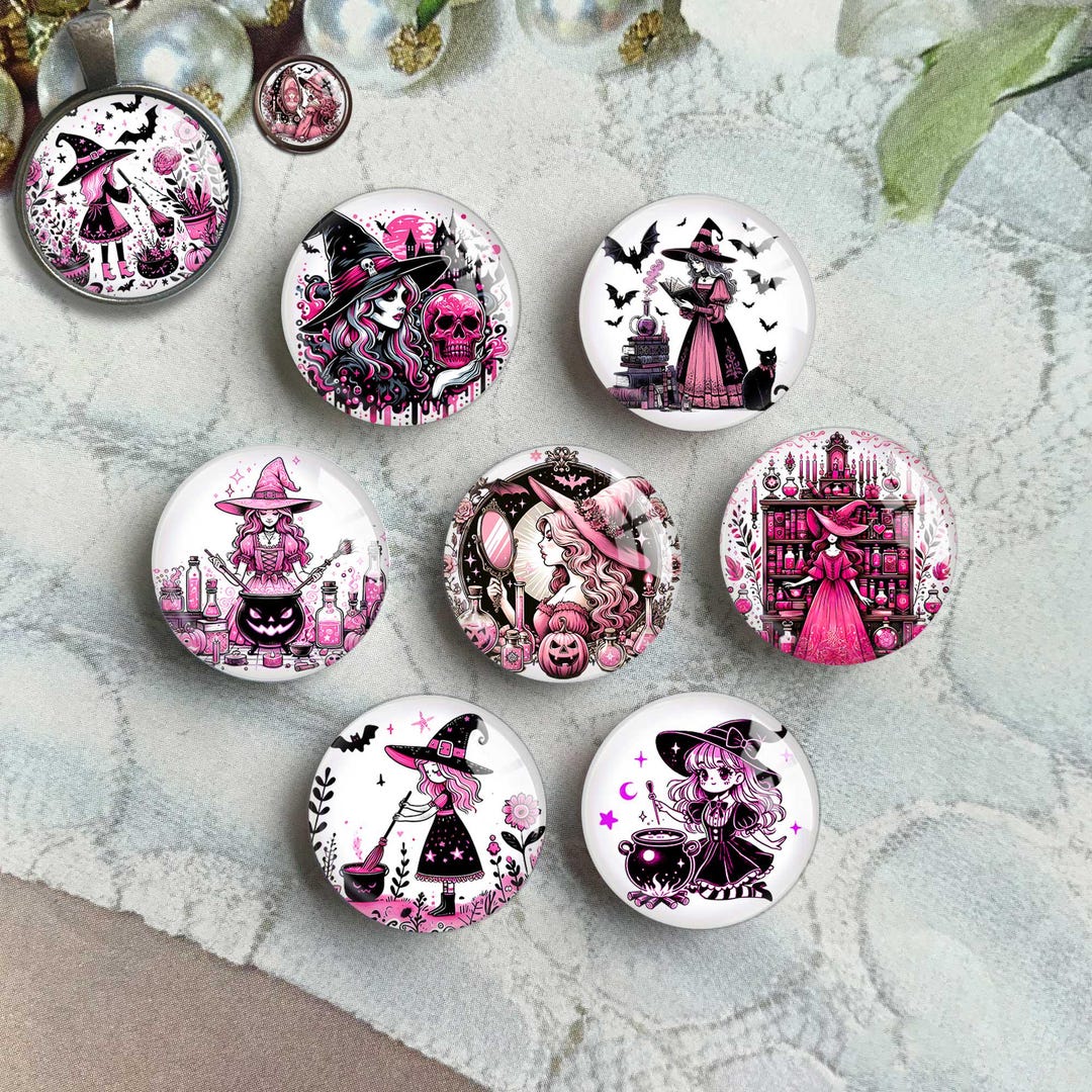 Halloween Cabochon, Pink Witch Image Glass Dome, Magic Girl Picture ...