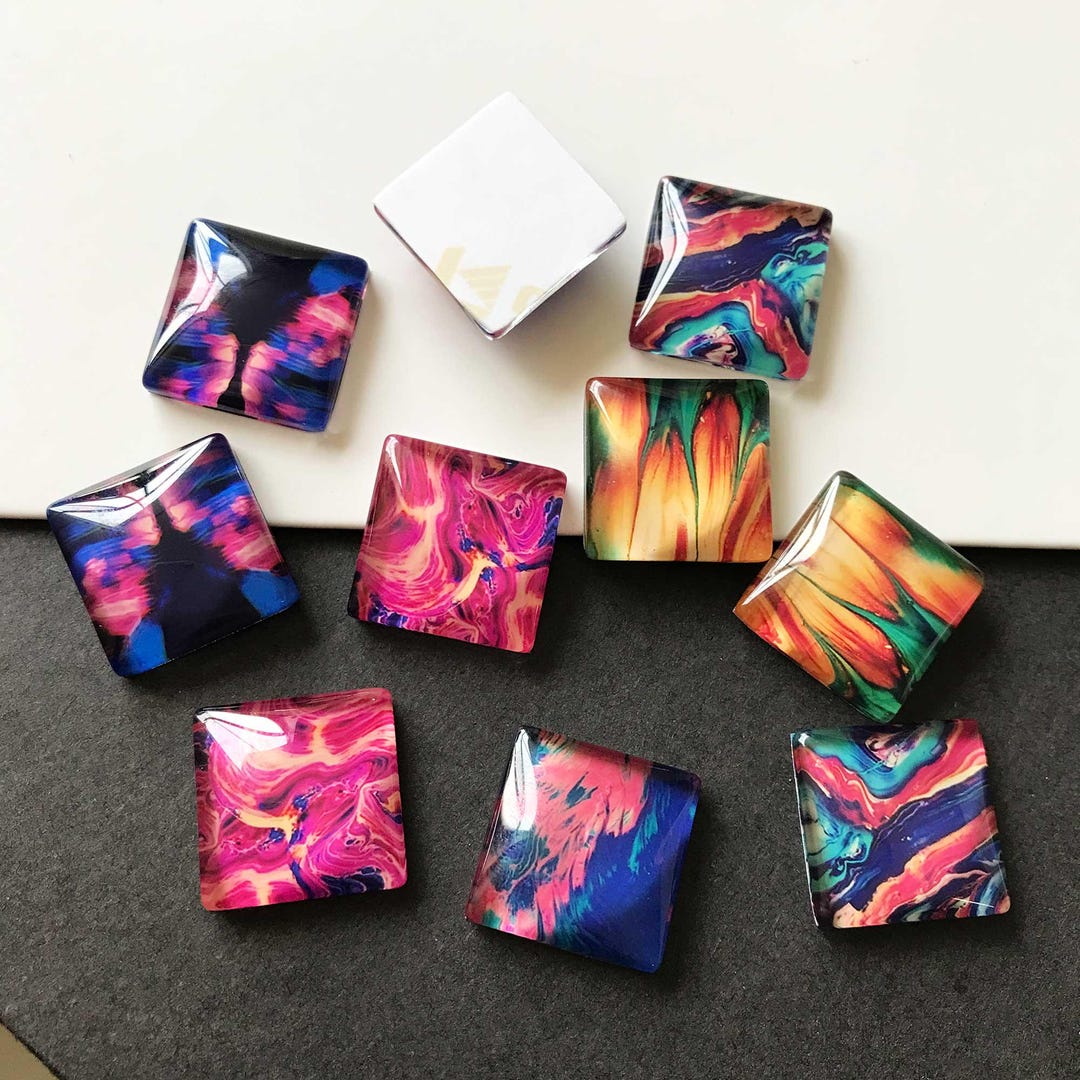 Watercolor Square Cabochon,handmade Image Flat Square Glass Dome , 10mm ...