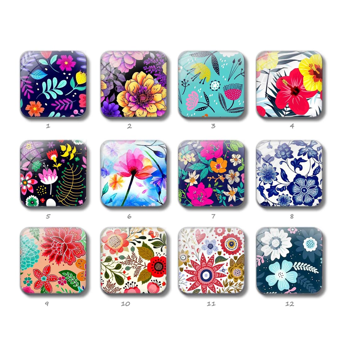 Floral Square Cabochon,handmade Image Flat Square Glass Dome , 10mm ...