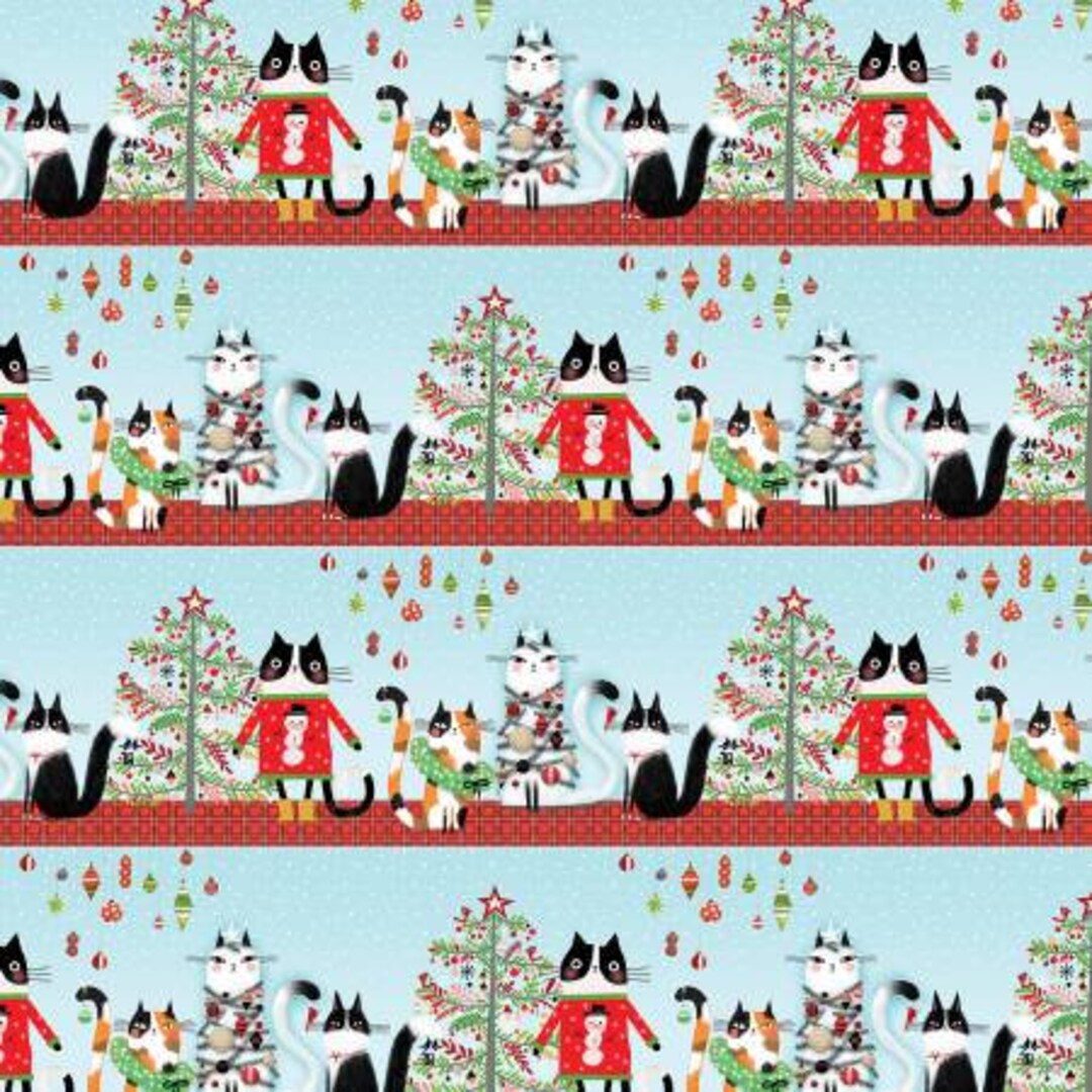 Border Cotton Stripe Fabric , Cat Christmas - Meowy Christmas- by the ...