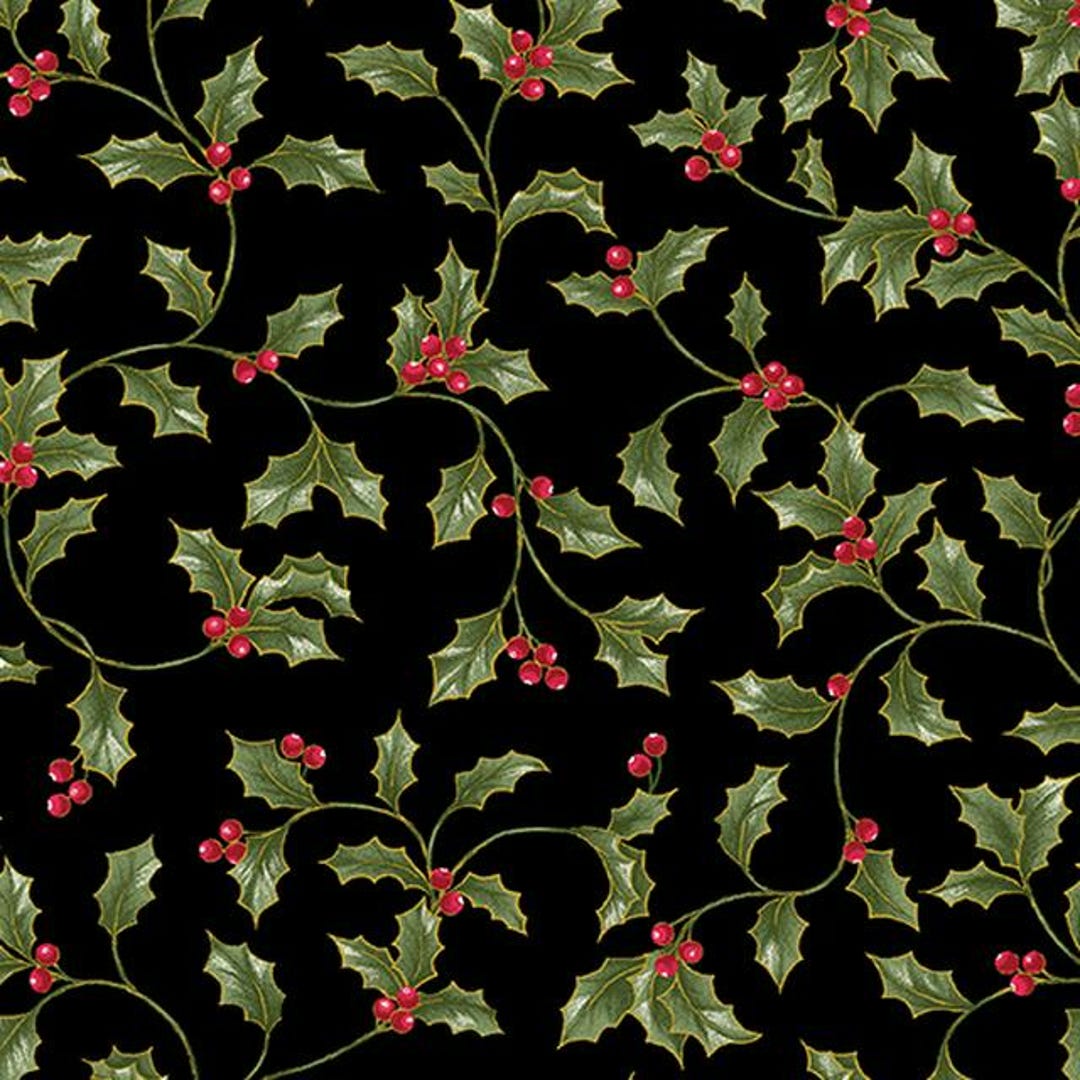 Gold Metallic Holly Cotton Fabric, Benartex, Black Botanical Print ...