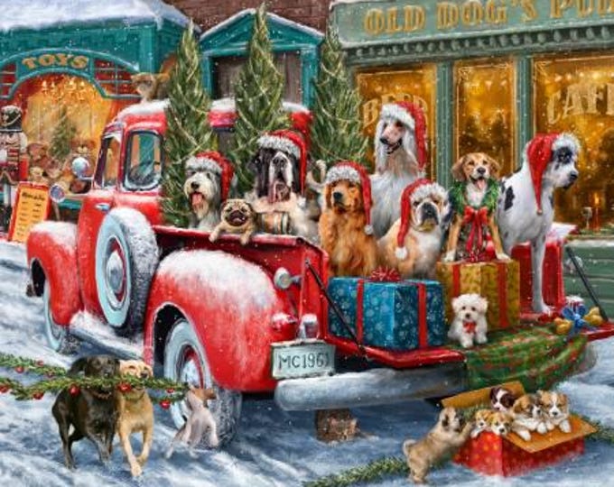 Dogs on Truck Christmas Quilt Fabric Panel, Red Truck Filled With Santa ...