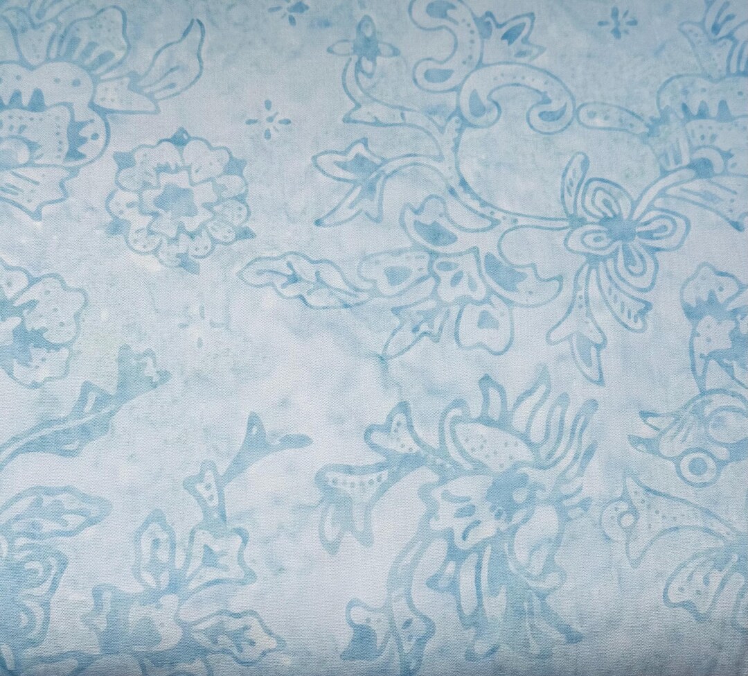 Powder Blue Floral Batik Cotton Fabric, Quilting Sewing,by the Half ...