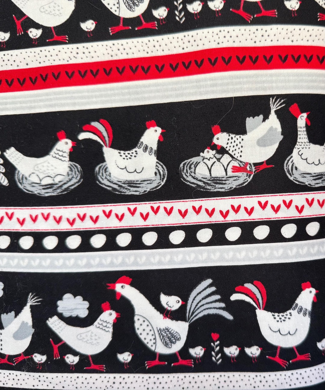 Rooster and Chickens Border Stripe Cotton Fabric, Farm Black by the ...