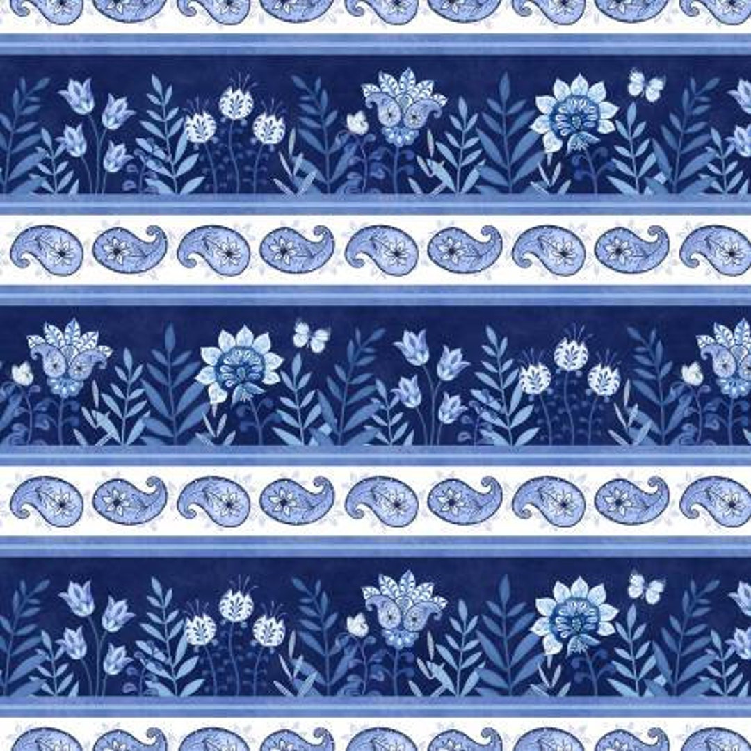 Blue Blooming Blue Floral Border Stripe Fabric, Wilmington Prints ...