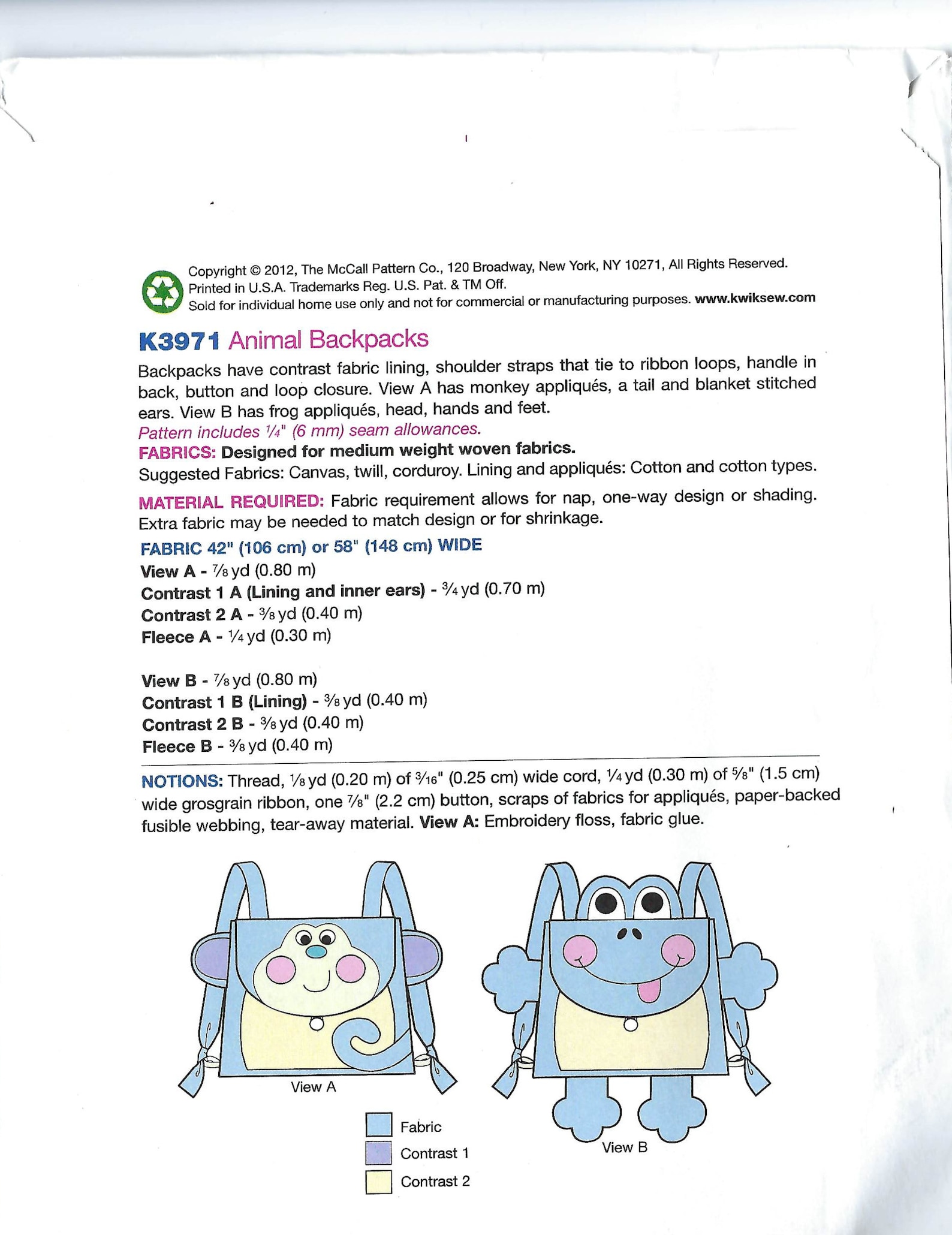 Child's Back Pack Sewing Pattern by Kwik Sew , 3971, New Pattern - Etsy