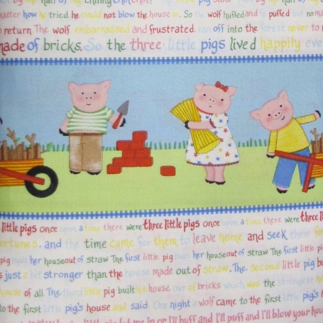 Three Little Pigs Cotton Fabric, Farm Border Print, Pillowcase Sewing ...