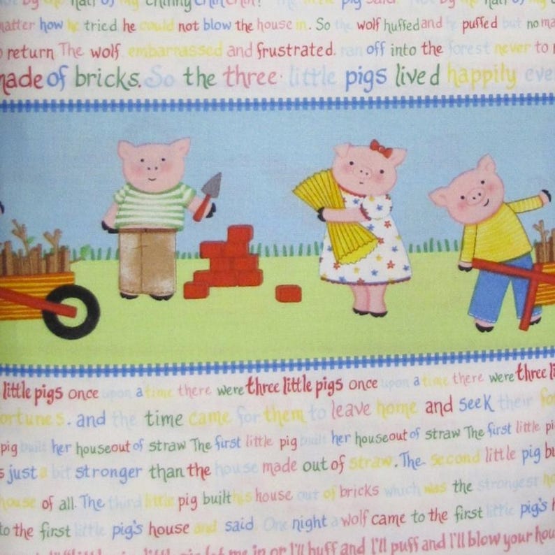 Three Little Pigs Cotton Fabric, Farm Border Print, Pillowcase Sewing ...