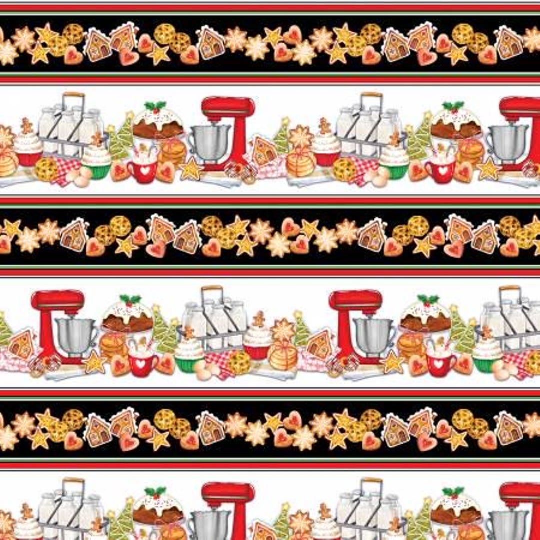 Christmas Kitchen Border Cotton Stripe Fabric, Sugar & Spice - by the ...