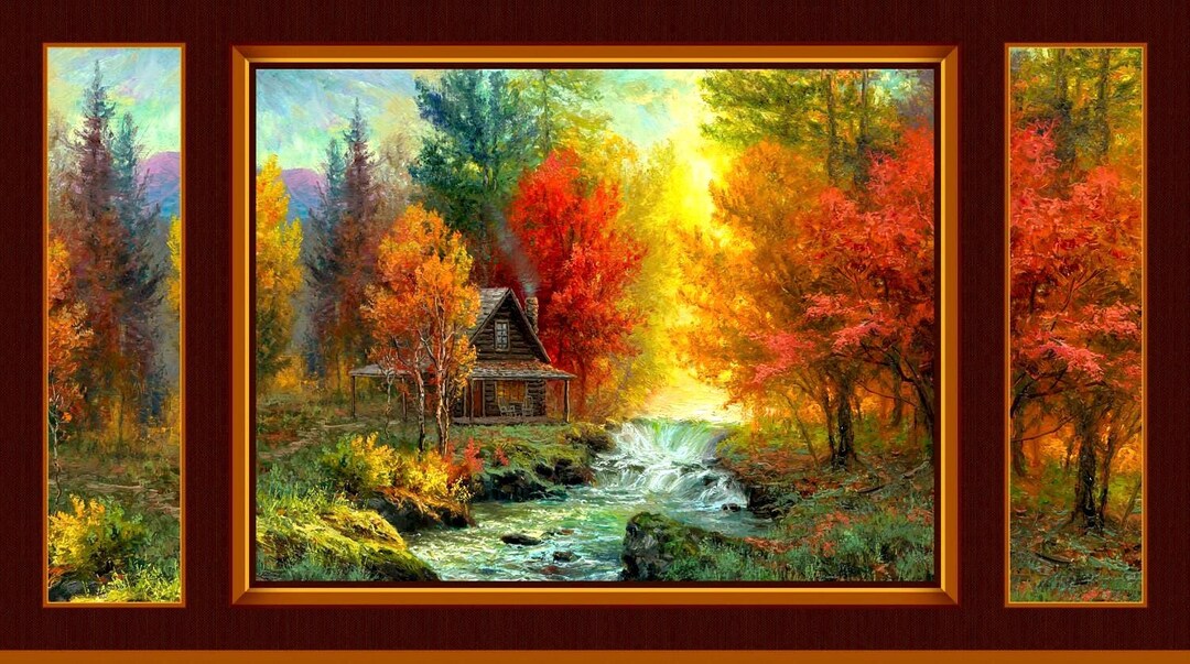 Rustic Home Fabric Cotton Panel ,autumn Retreat Cabin Panel, Rustic ...