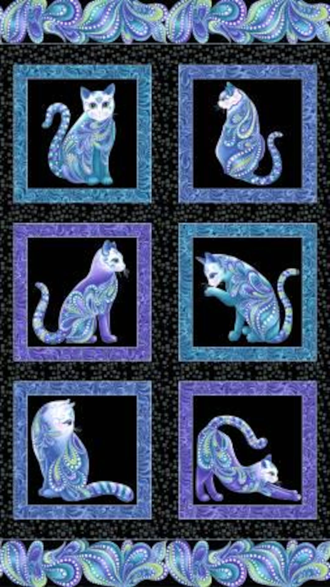 Whimsical Cat Fabric Panel -CAT-I-TUDE Sing-ing the Blues-black,ann ...
