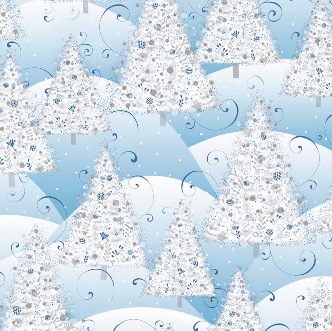 Winter Solstice Blue Fabric- Snow Trees With Gray - Quilting Cotton ...