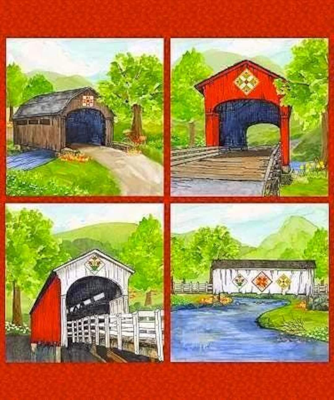 Covered Bridge Fabric Panel- Bridges With Quilt Blocks With a Scenic ...