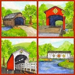 Covered Bridge Fabric Panel- Bridges With Quilt Blocks With a Scenic ...