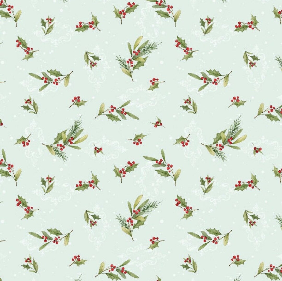 Tossed Holly Cotton Fabric, Mint Green Fabric , Wilmington , by the ...