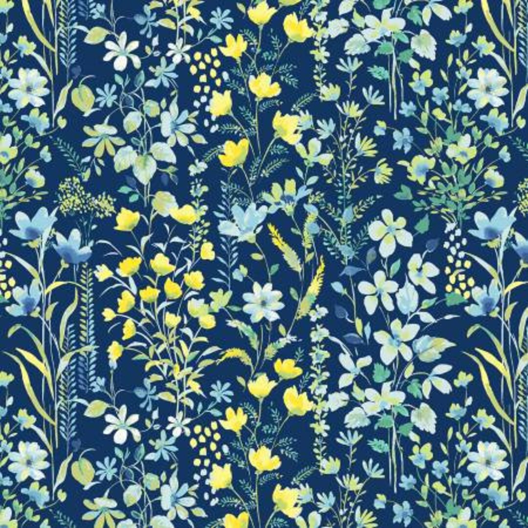 New Navy Flower Garden Fabric, Buttercup, Cotton Fabric by the Yard ...