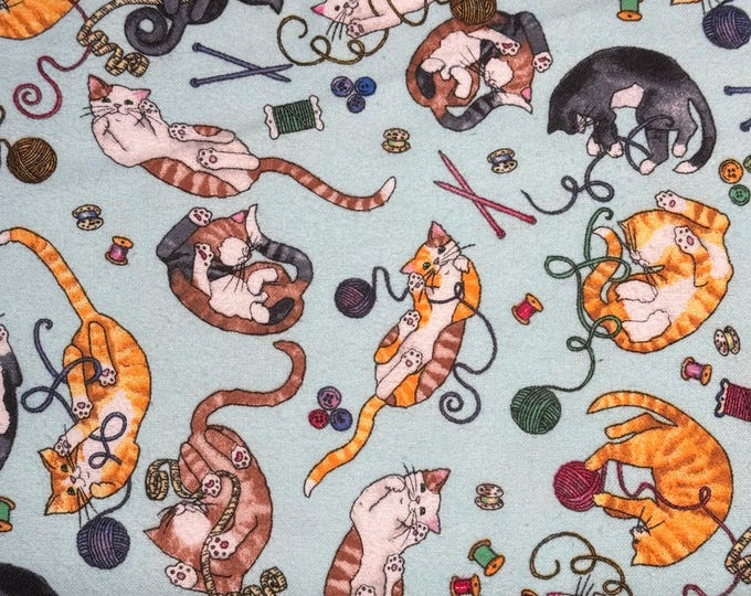 Light Blue Cats Flannel Cotton Fabric-blue Playful Cats, by the HALF ...