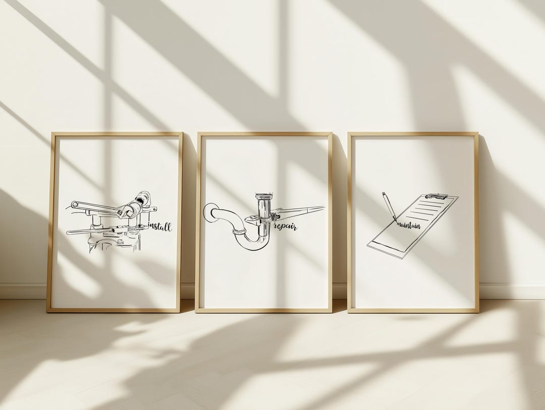 Minimalist Plumber Art – Set of 3 Line Art Prints | Plumber Office ...