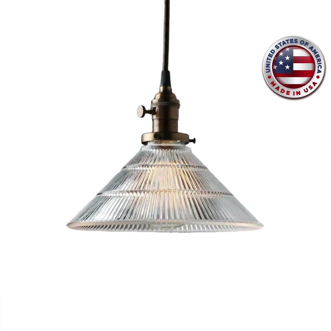 Ribbed Glass Cone Shade Pendant Lighting Kitchen Light Fixture Clear ...
