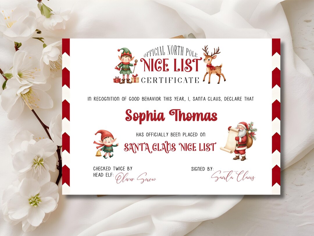 Santa Official Nice List Certificate PRINTABLE, Elf Nice List ...